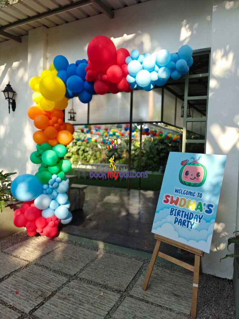 CocoMelon Theme Backdrop with Organic Balloon Arch